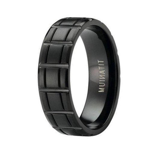 The Crosshatch Matte-Finished Black Titanium Ring with Vertical Bar Pa