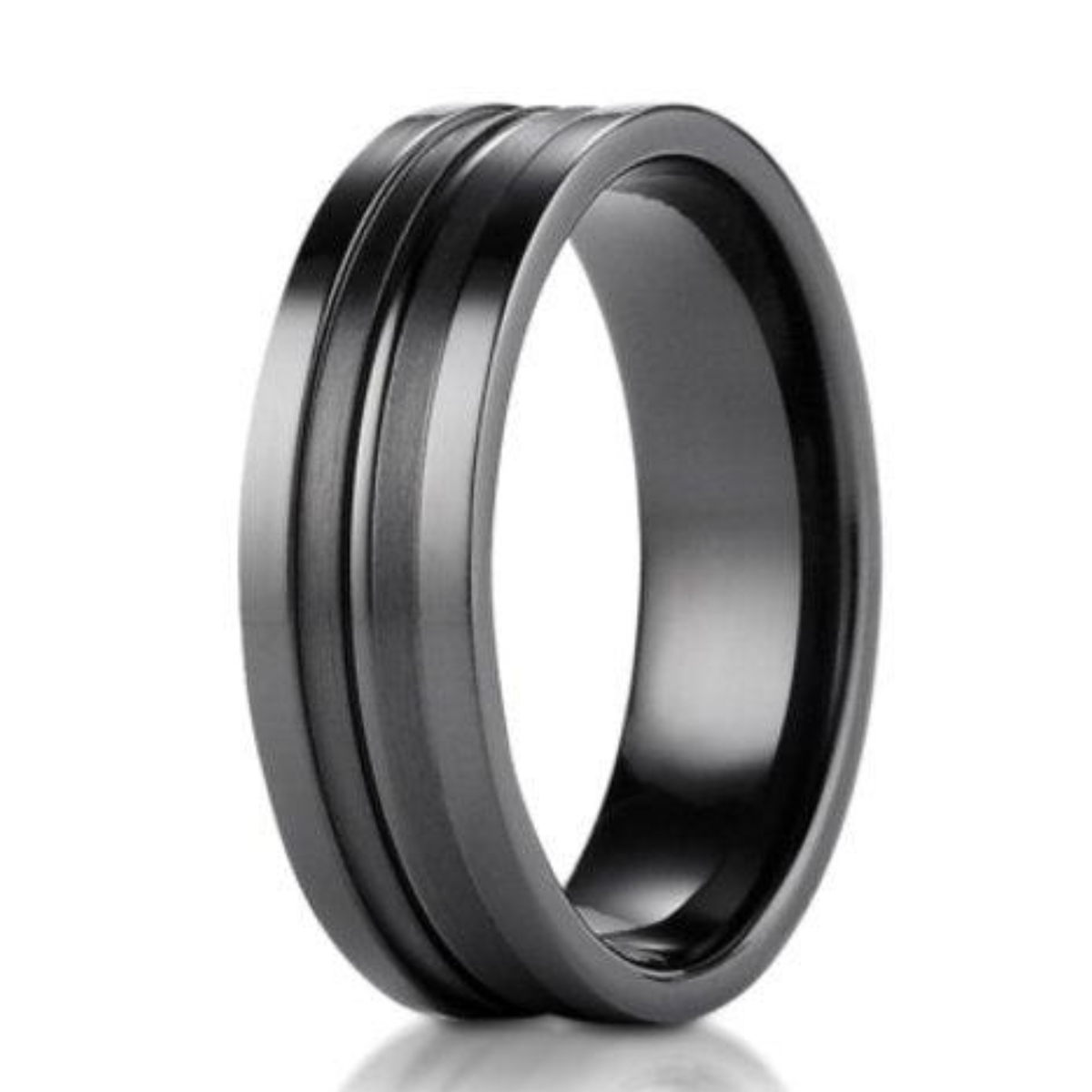 Men's Titanium Black Polished and Satin Ridge Cut Center Wedding Ring ...