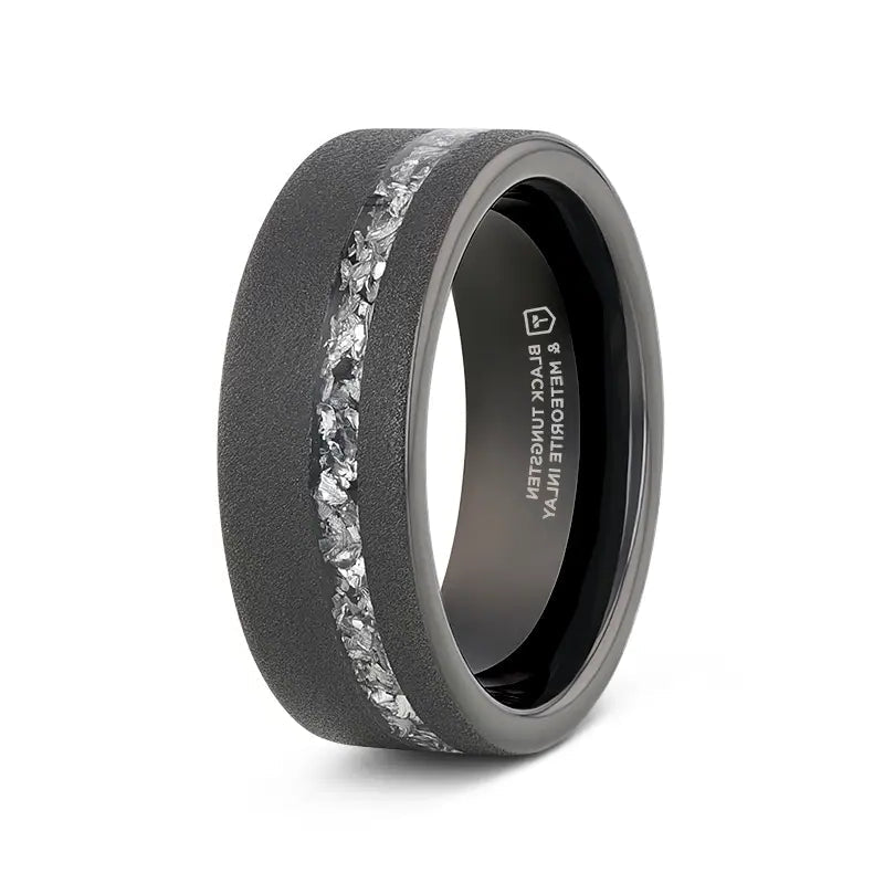 The Abyss Sandblasted Black Tungsten Ring with Meteorite Fragments Inl ...