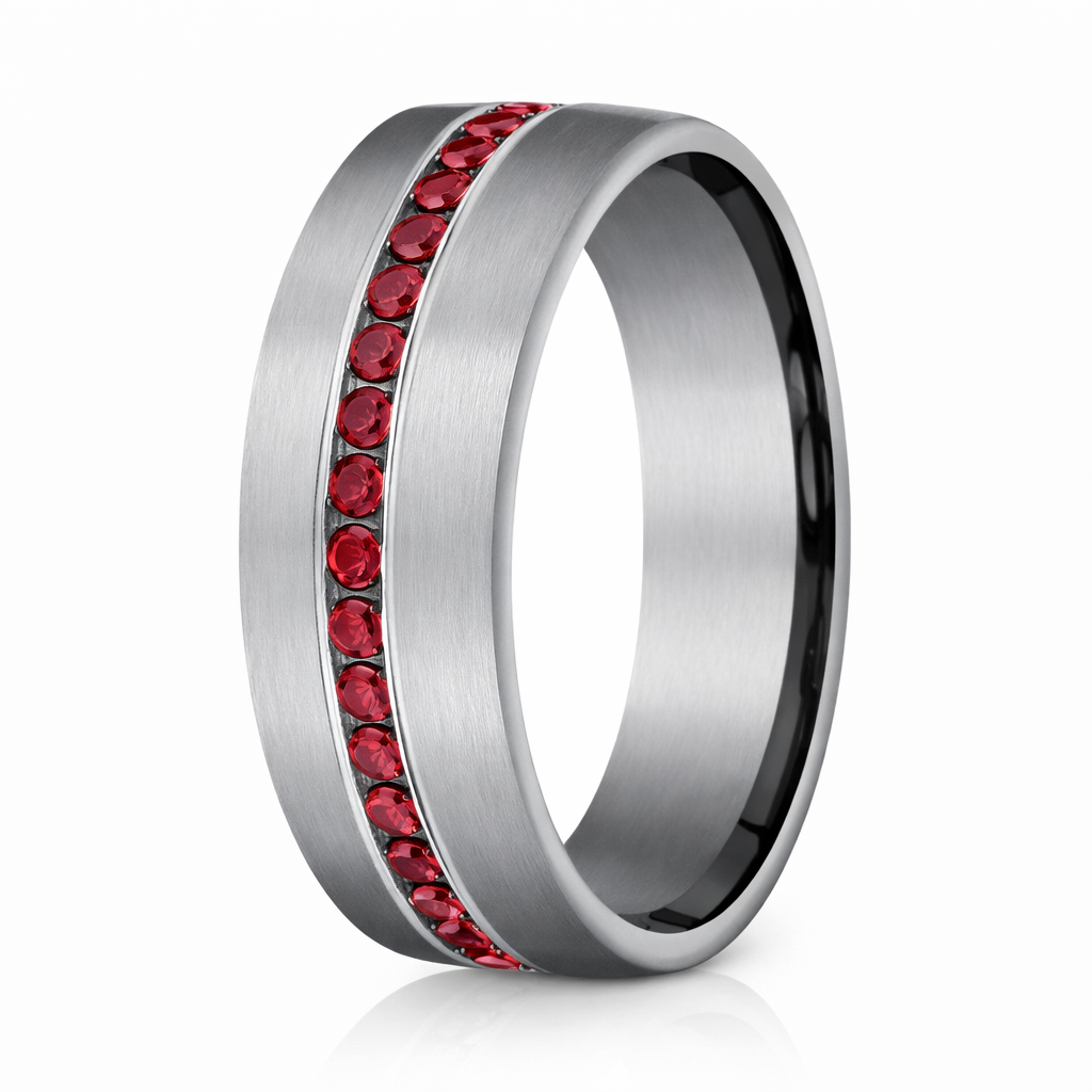 The Cardinal Men's Satin Finish Tantalum Red Ruby Eternity Band 7.5mm ...