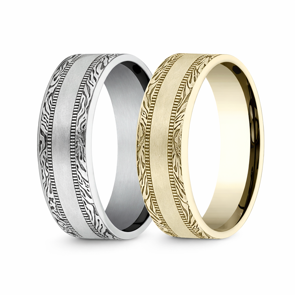 The Edge 14K White or Yellow Gold Ring with Satin Center and Mokume Ba ...