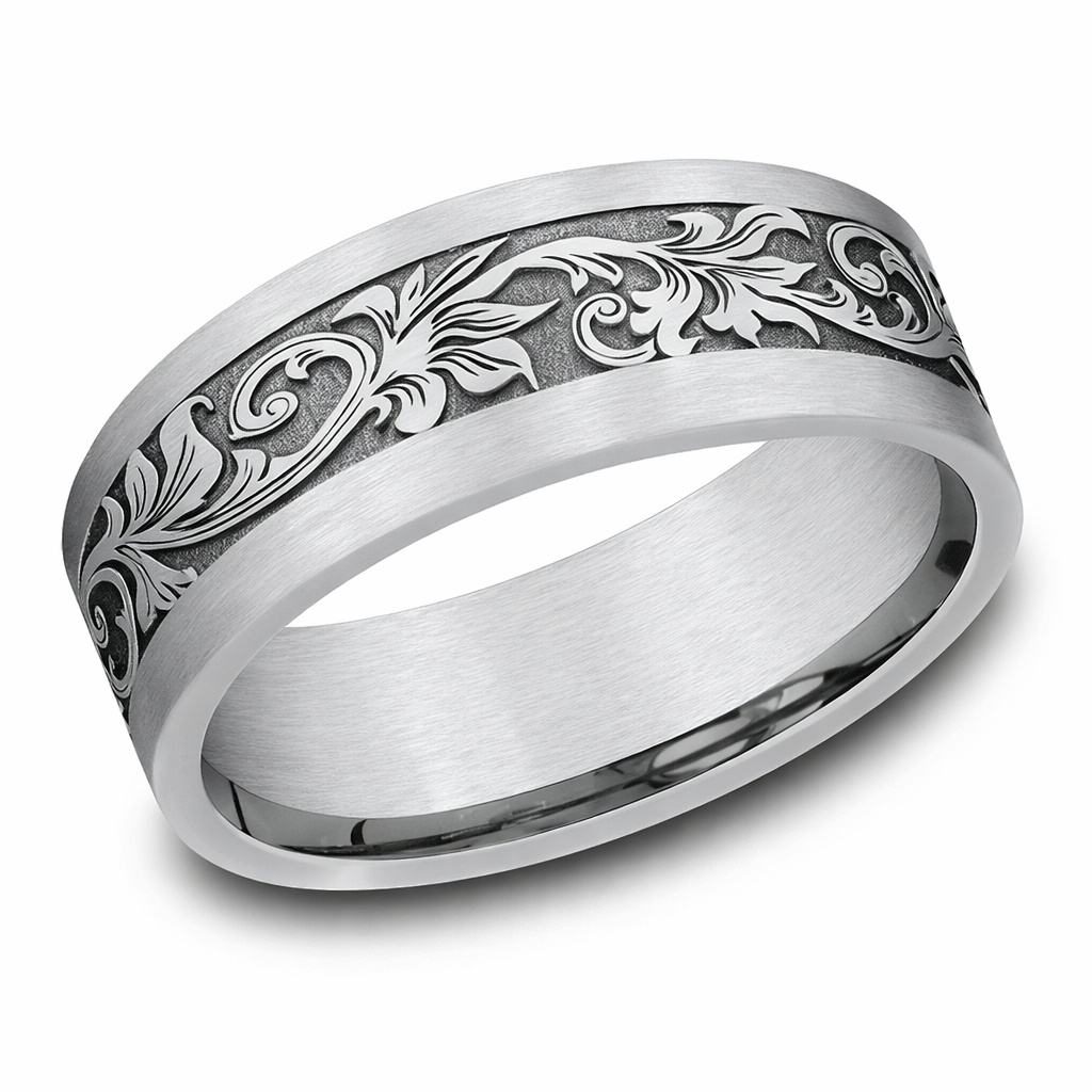 The Ellington 14K White Gold Men's 8mm Vintage Script Pattern Satin St ...