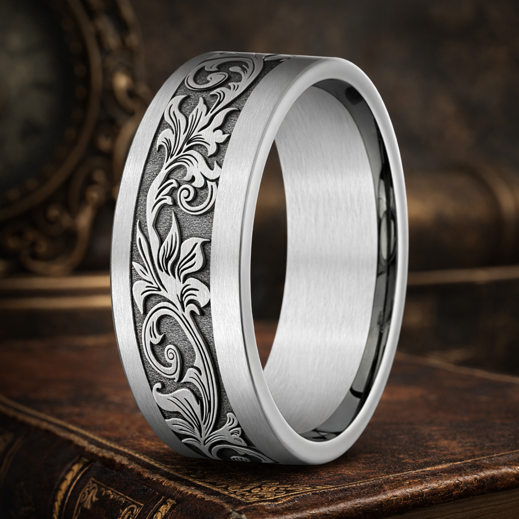 The Ellington 14K White Gold Men's 8mm Vintage Script Pattern Satin St ...