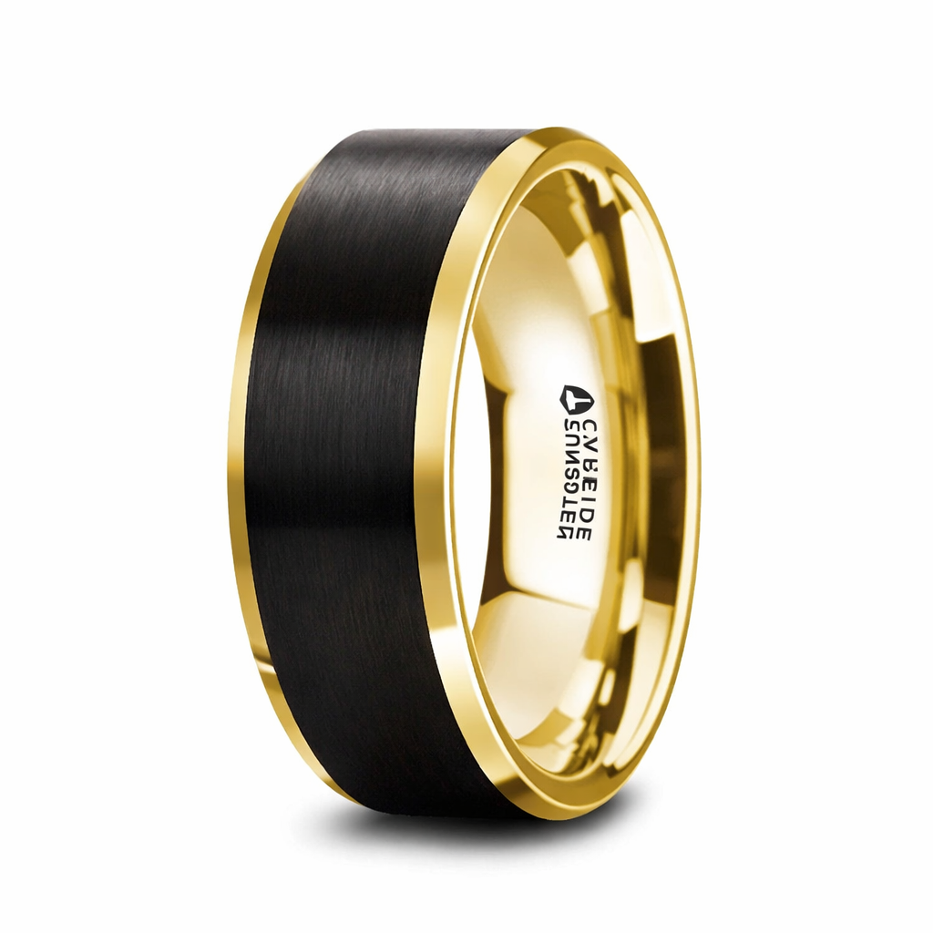 The Gaston Men's Gold Plated Tungsten Polished Beveled Brushed Black C ...