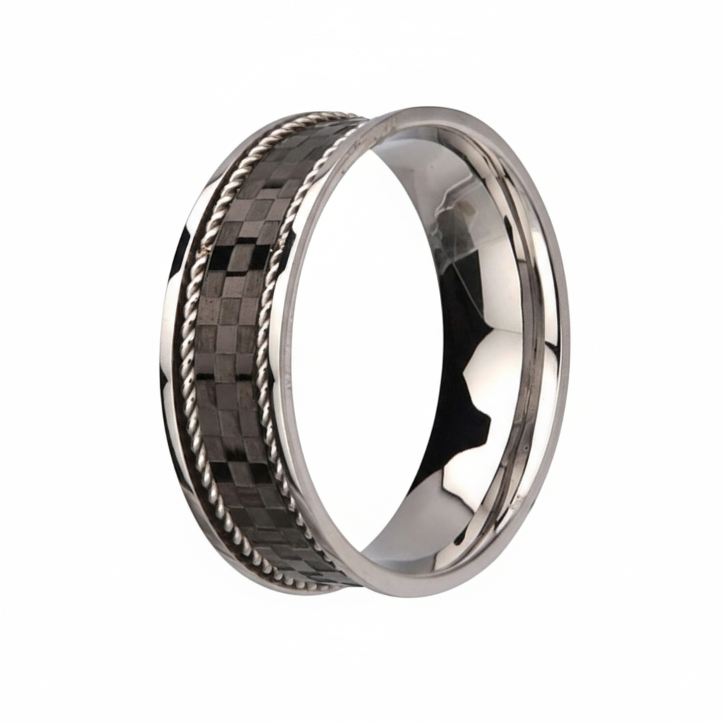 The Gridlock Men's Black Checker Pattern ring with Braid Steel Edges R ...