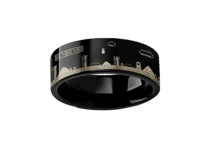 Engraved Super Mario Bros Pixel Level Game Black Tungsten Ring - 8mm