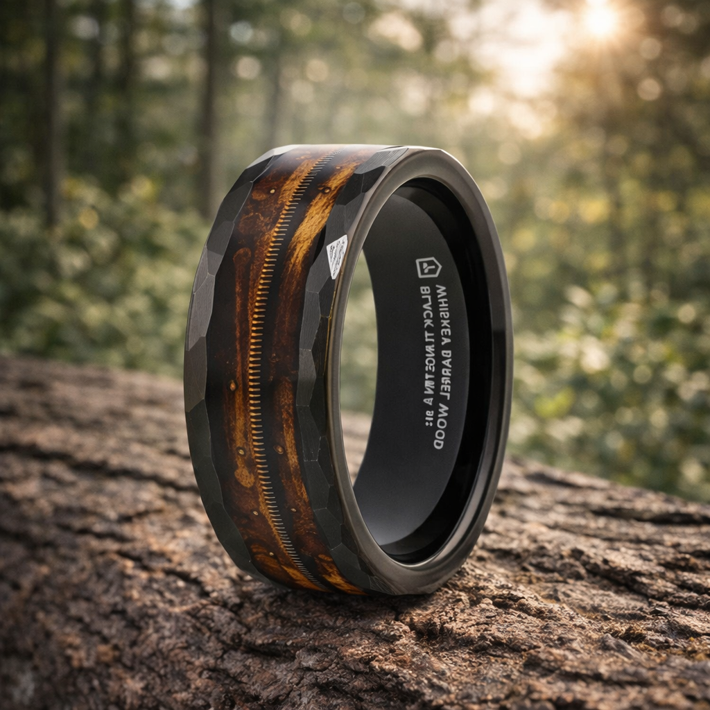 The Riff Black Tungsten Ring Charred Whiskey Barrel and Guitar String ...