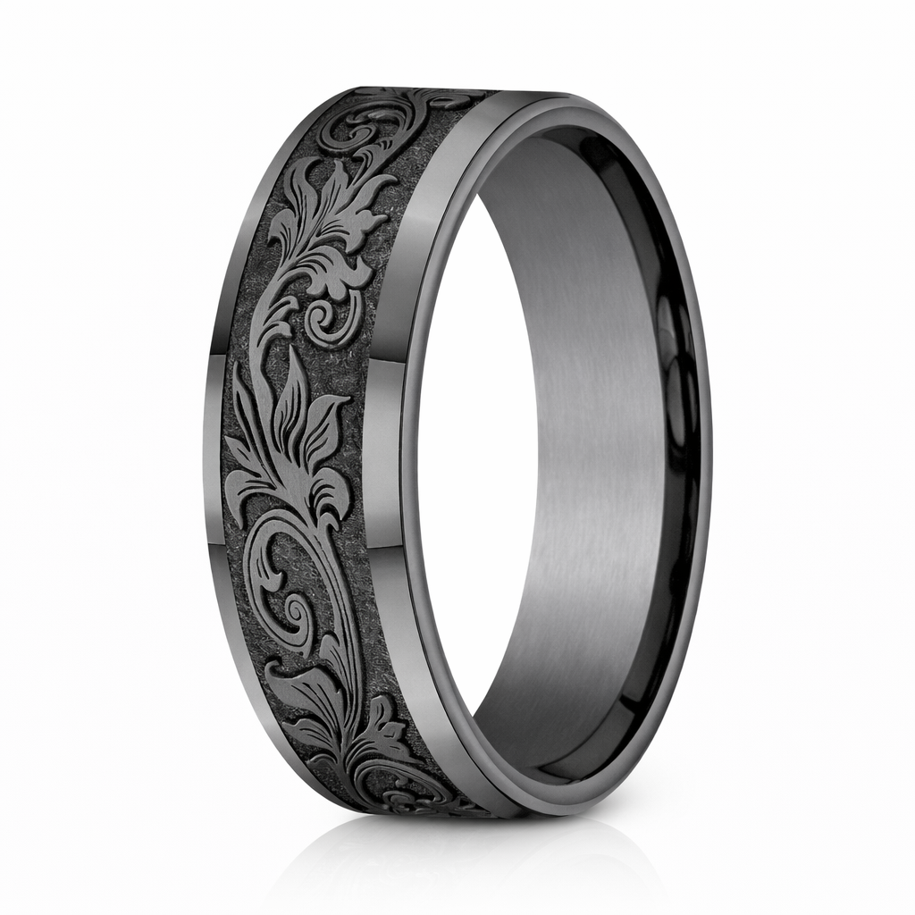 The Royal Men's Dark Tantalum Vintage Script Pattern Beveled Edges Rin ...