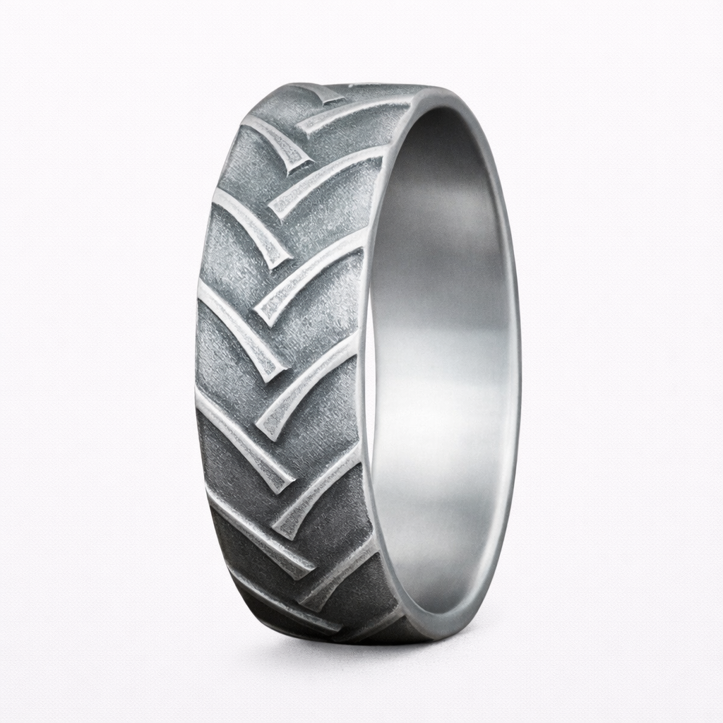 The Rancher Satin Titanium Carved Tractor Tread Ring-8mm – Just Mens Rings