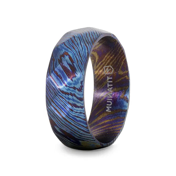 TYRIAN Brushed Titanium Ring with Blue and Purple Wavy Design - 8mm
