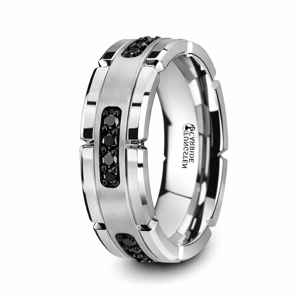 The Valor Grooved Tungsten Ring with Silver Inlay & Black Diamonds 8mm ...