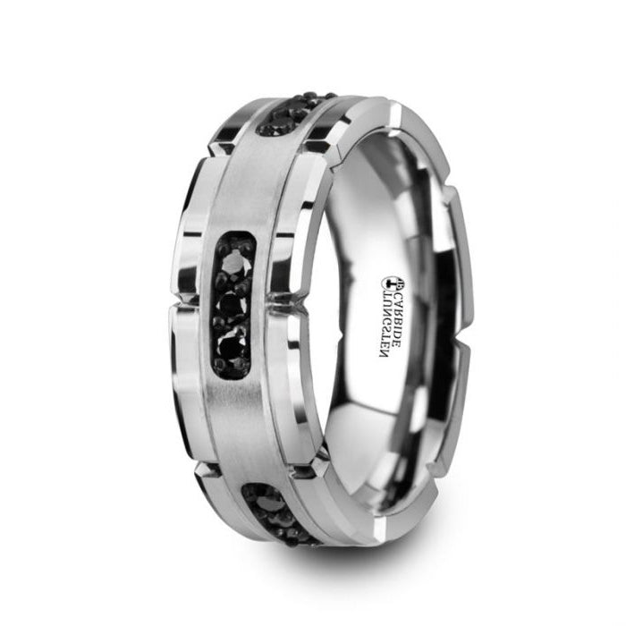 The Valor Grooved Tungsten Ring with Silver Inlay & Black Diamonds 8mm ...
