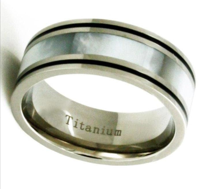Titanium White Shell Inlay Black Borders Ring-9mm